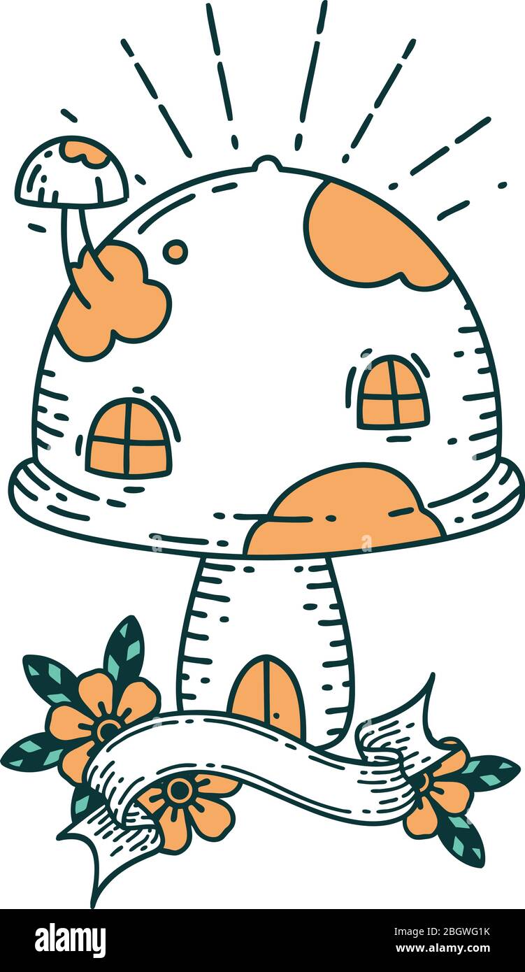 scroll banner with tattoo style toadstool house Stock Vector Image ...