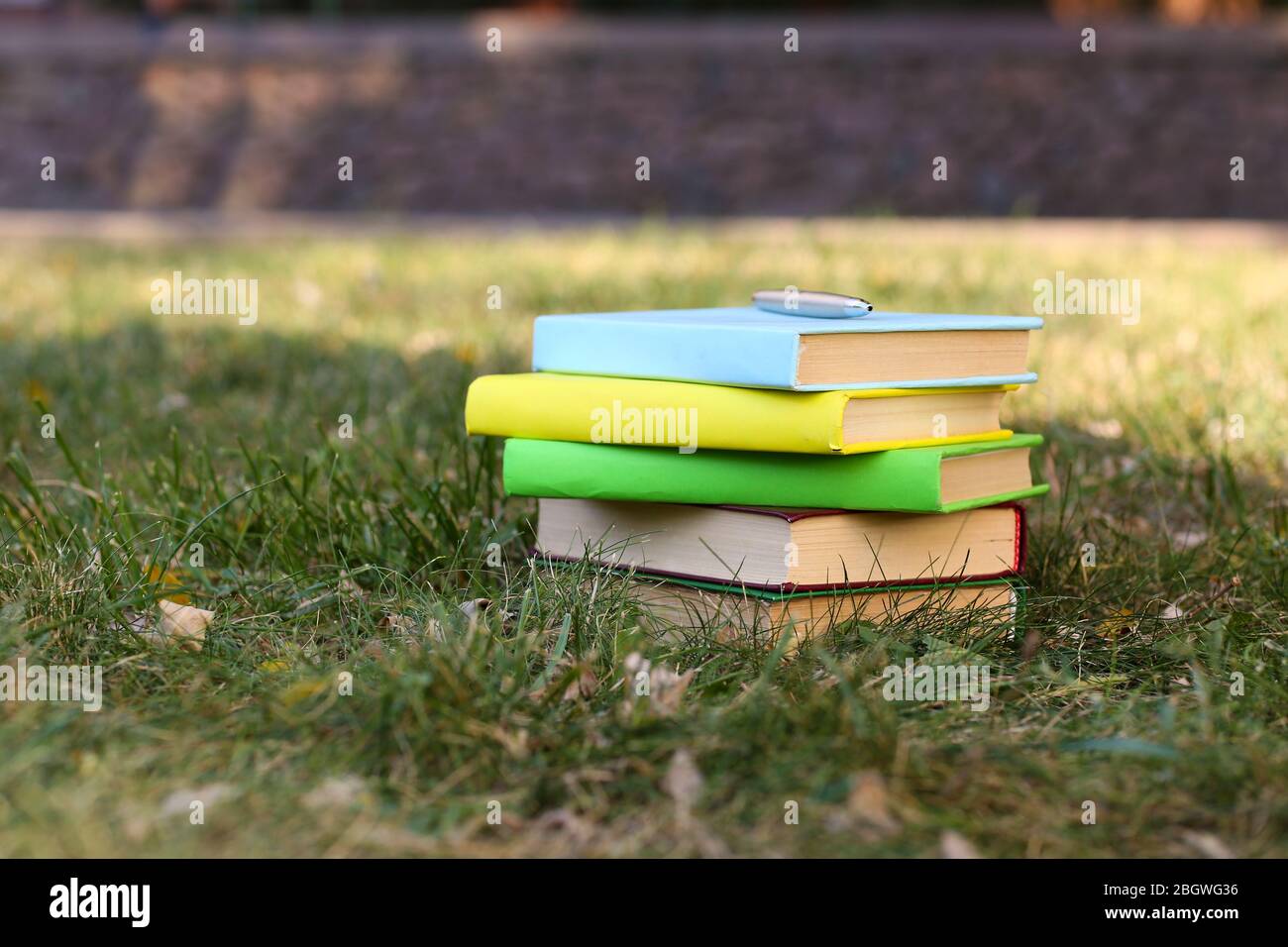 Stacked books in grass, outside Stock Photo - Alamy