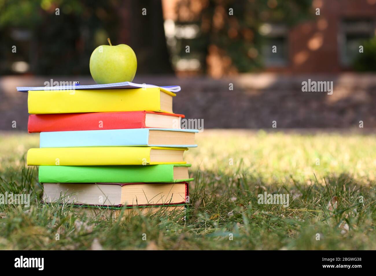 Stacked books in grass, outside Stock Photo - Alamy