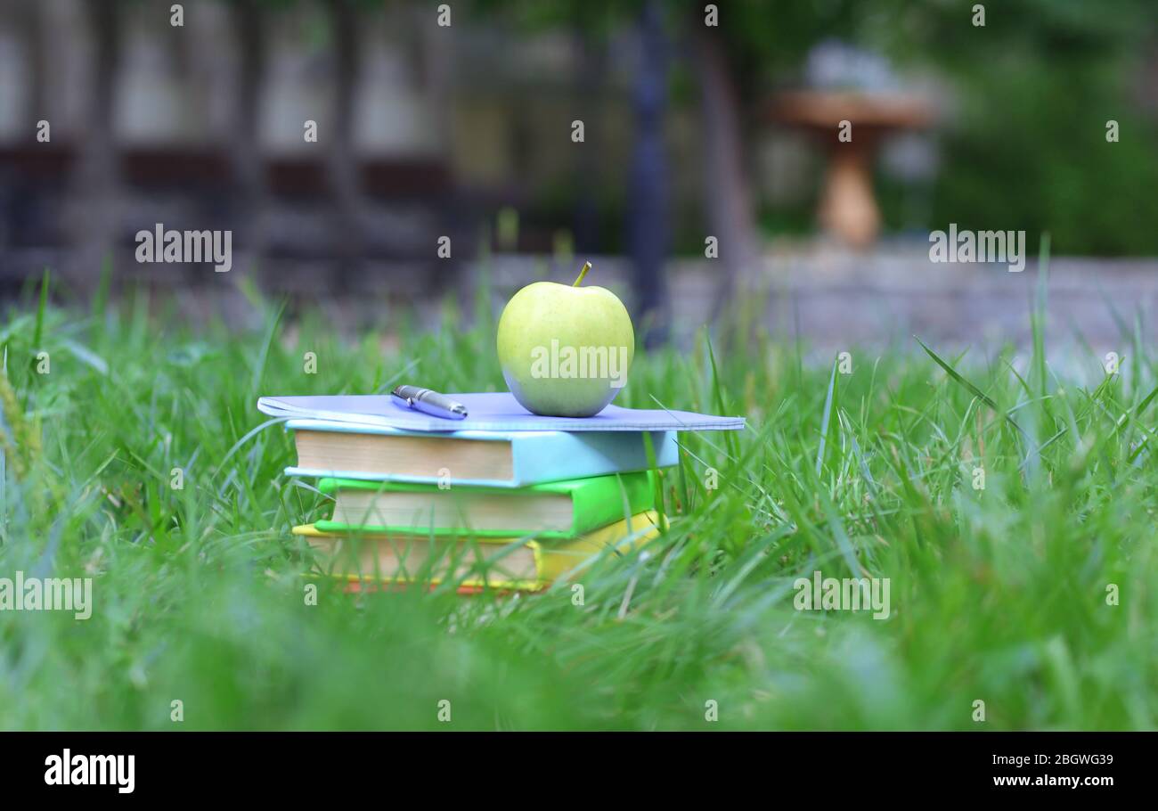 Stacked books in grass, outside Stock Photo - Alamy