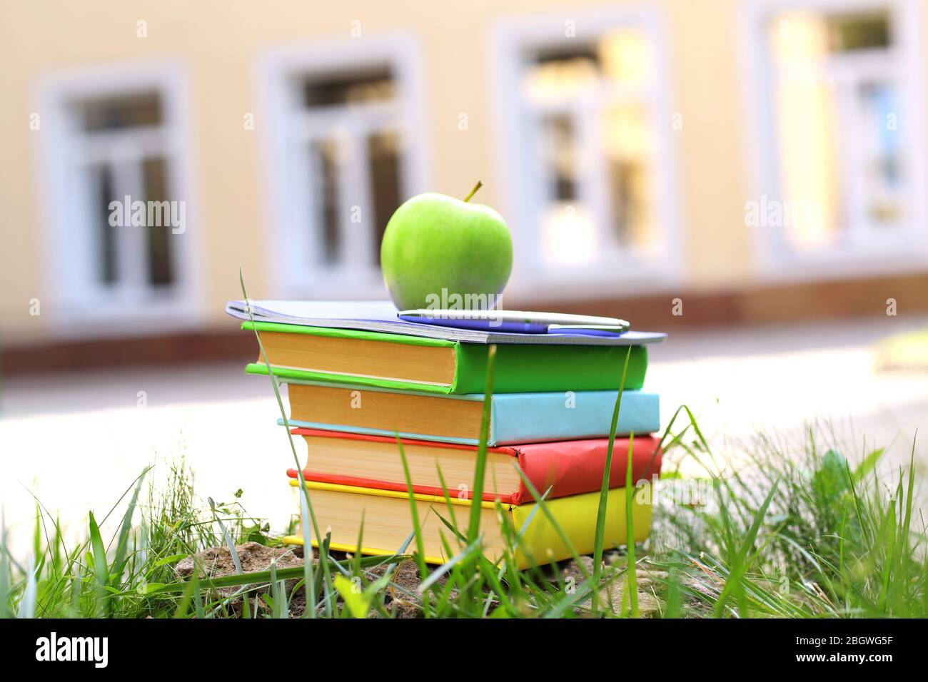 Stacked books in grass, outside Stock Photo - Alamy