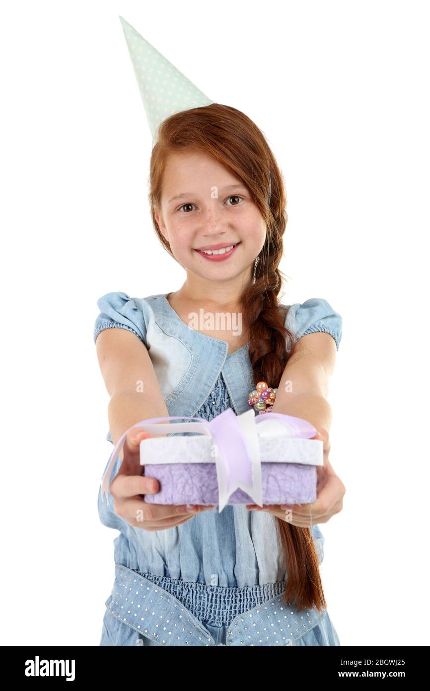Beautiful little girl with present box isolated on white Stock Photo ...