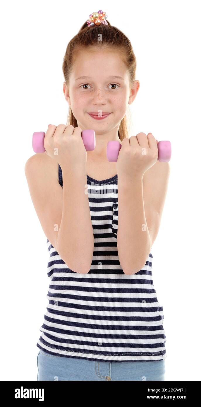 Beautiful little girl doing exercises isolated on white Stock Photo - Alamy