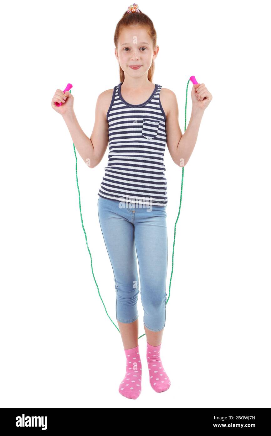 Beautiful little girl doing exercises isolated on white Stock Photo - Alamy