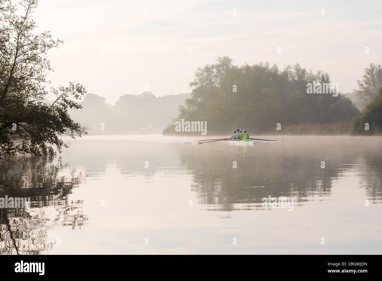 Quad sculling rowing boat on misty river viii. October, 2018 Stock ...