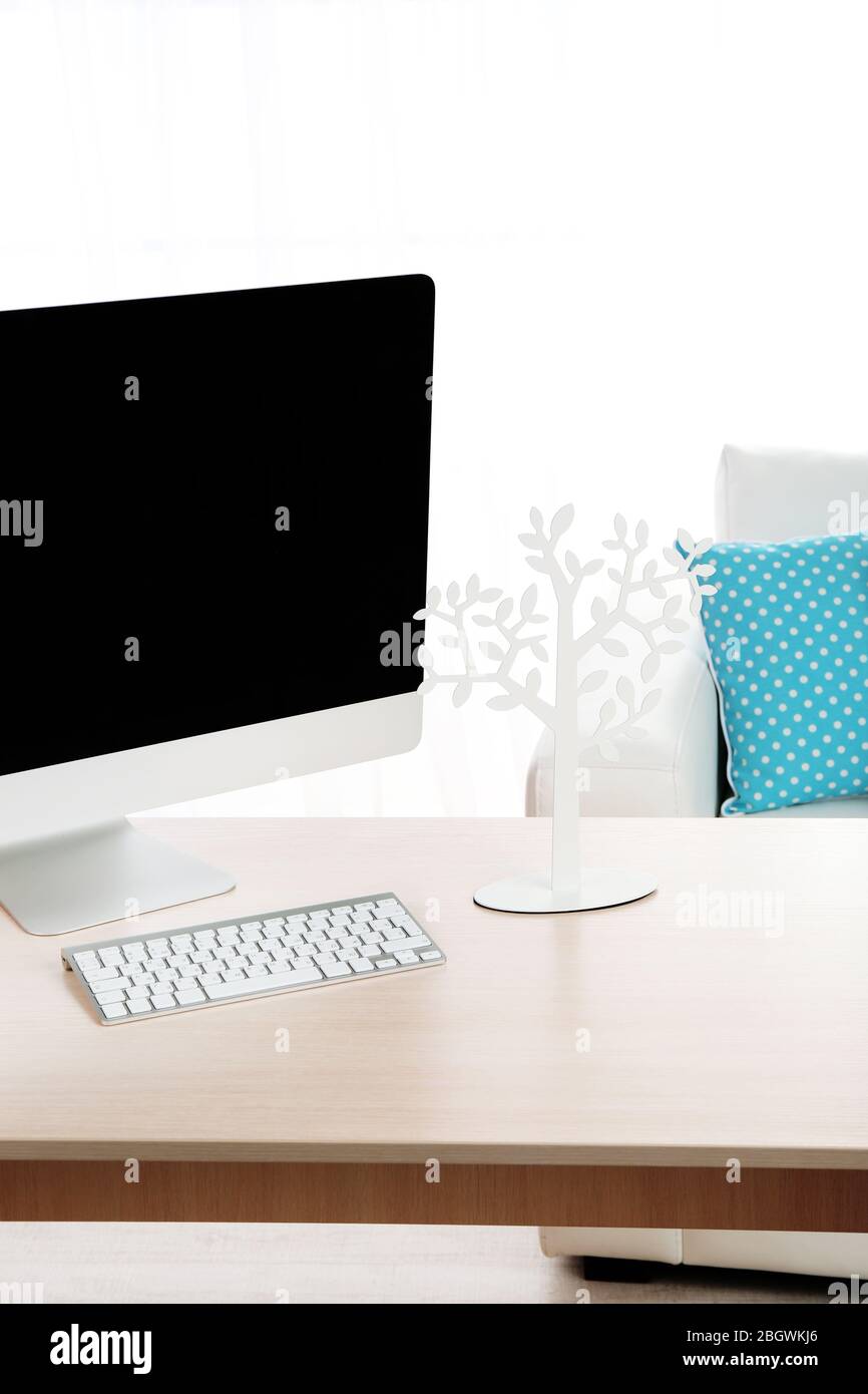 Workplace at home with computer close up Stock Photo - Alamy