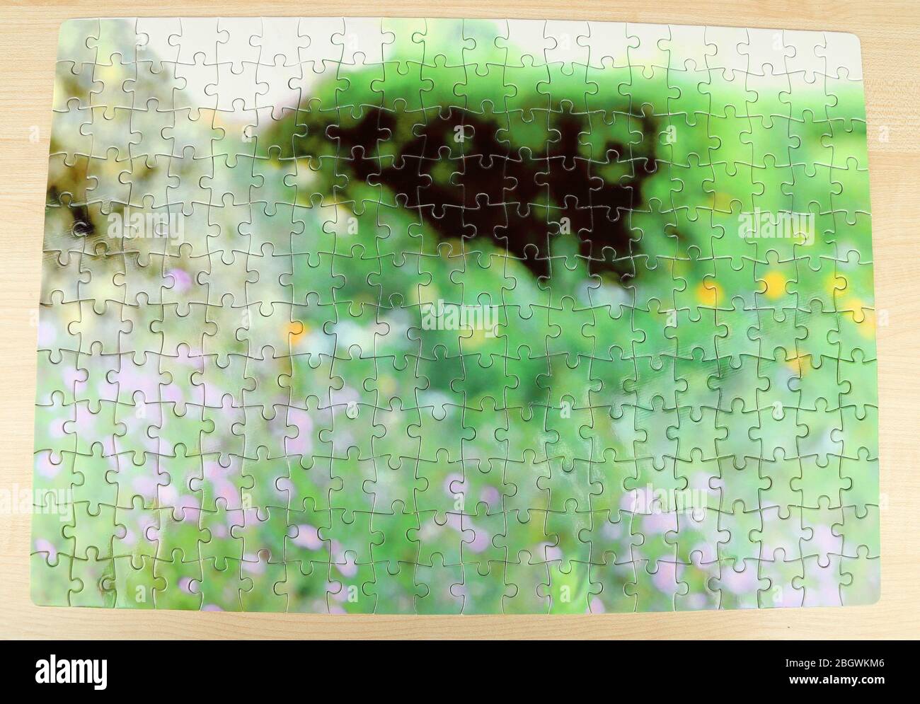 Puzzles with beautiful landscape on wooden background Stock Photo - Alamy