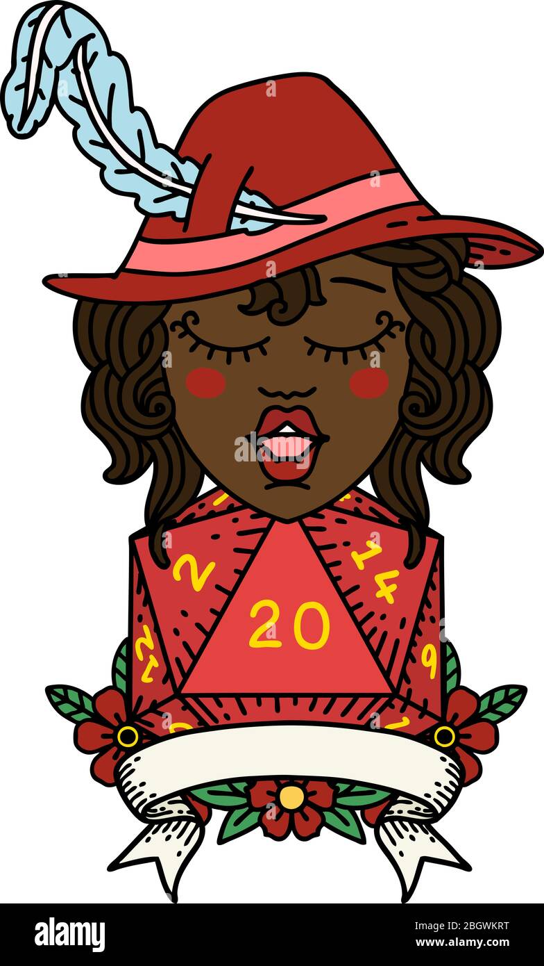 Retro Tattoo Style human bard character with natural 20 dice roll Stock ...