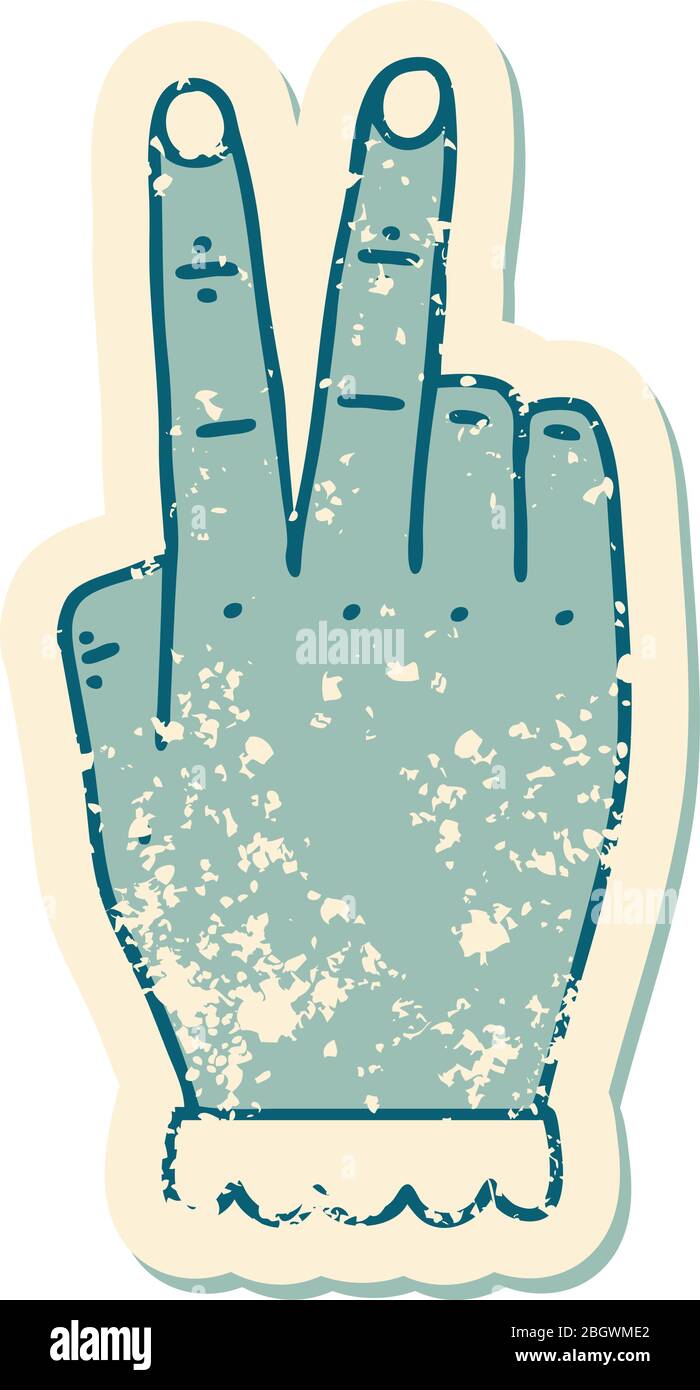 grunge sticker of a hand raising two fingers gesture Stock Vector Image ...