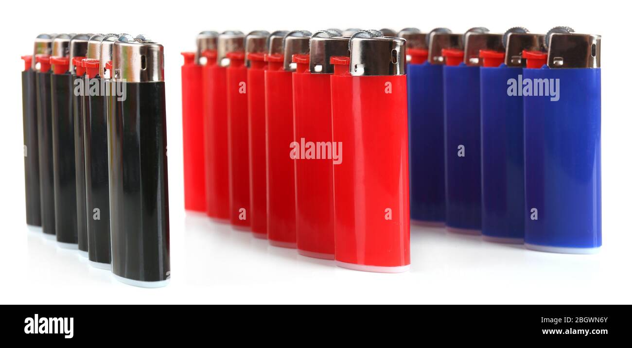 Colorful lighters isolated on white Stock Photo - Alamy