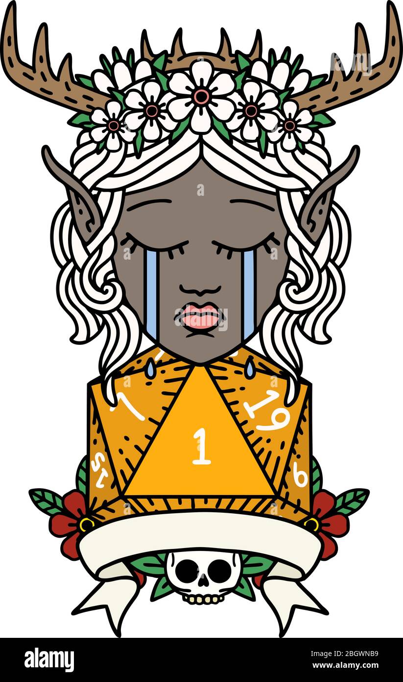 Retro Tattoo Style sad elf druid character face with natural one D20 ...