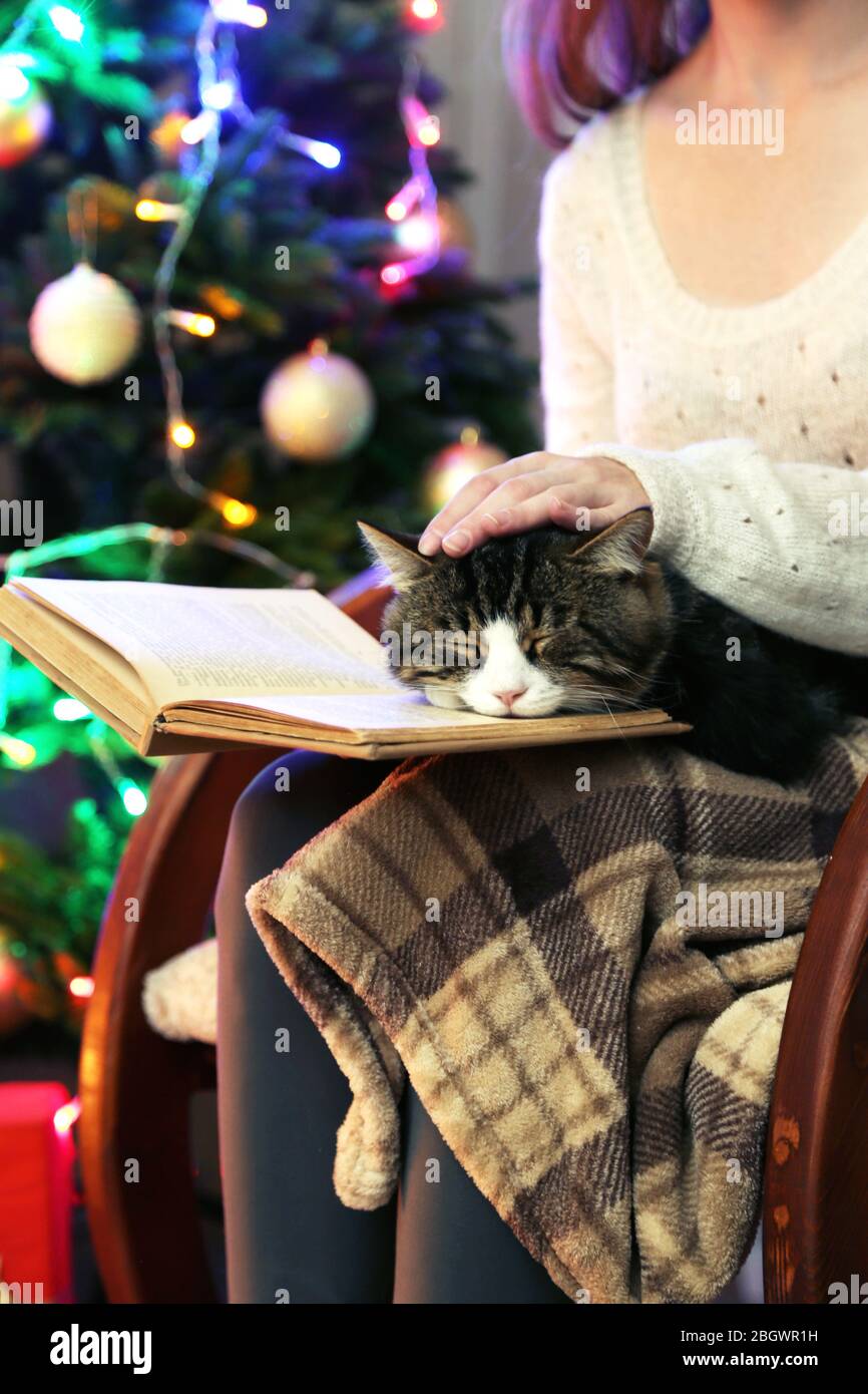Woman and cute cat sitting on rocking chair and read the book, in the ...
