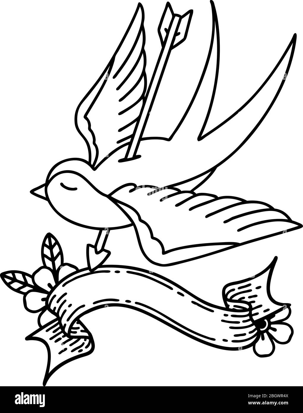 traditional black linework tattoo with banner of a swallow shot through ...
