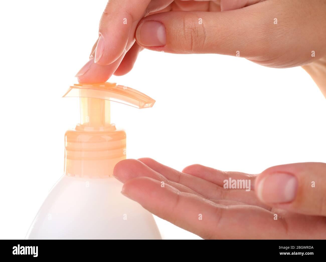 Female hands using liquid soap isolated on white Stock Photo - Alamy
