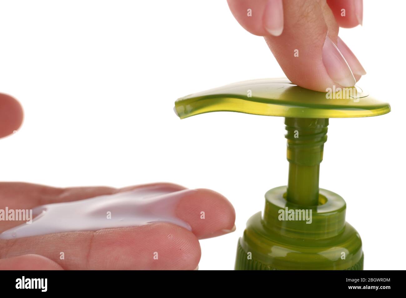 Female hands using liquid soap isolated on white Stock Photo - Alamy