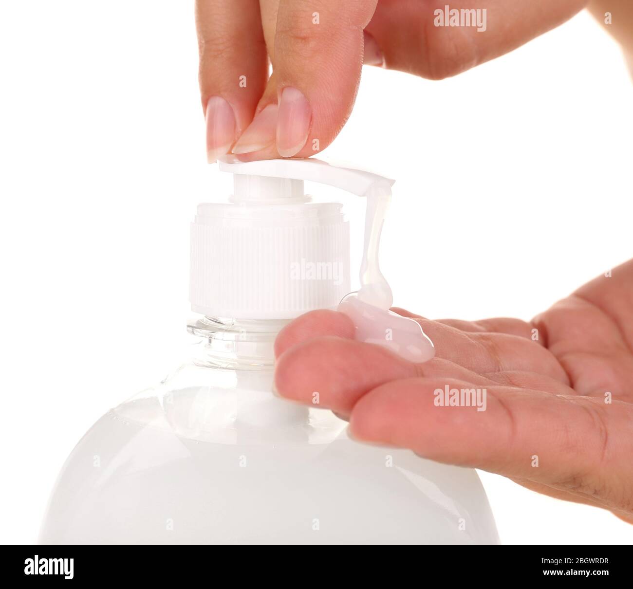 Female hands using liquid soap isolated on white Stock Photo - Alamy