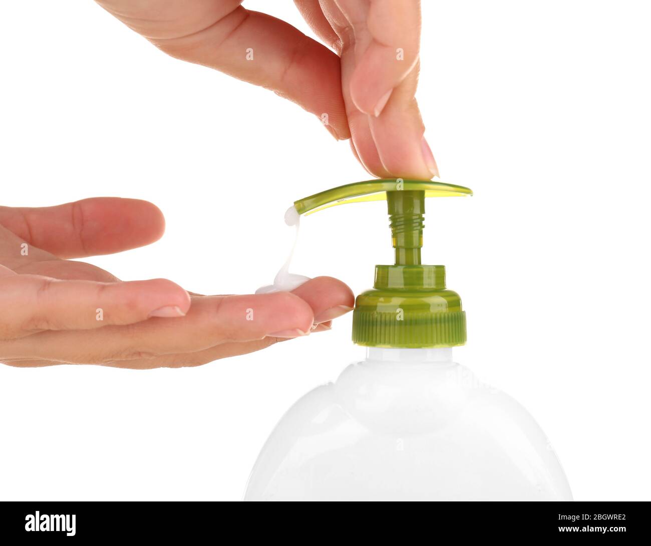 Female hands using liquid soap isolated on white Stock Photo - Alamy