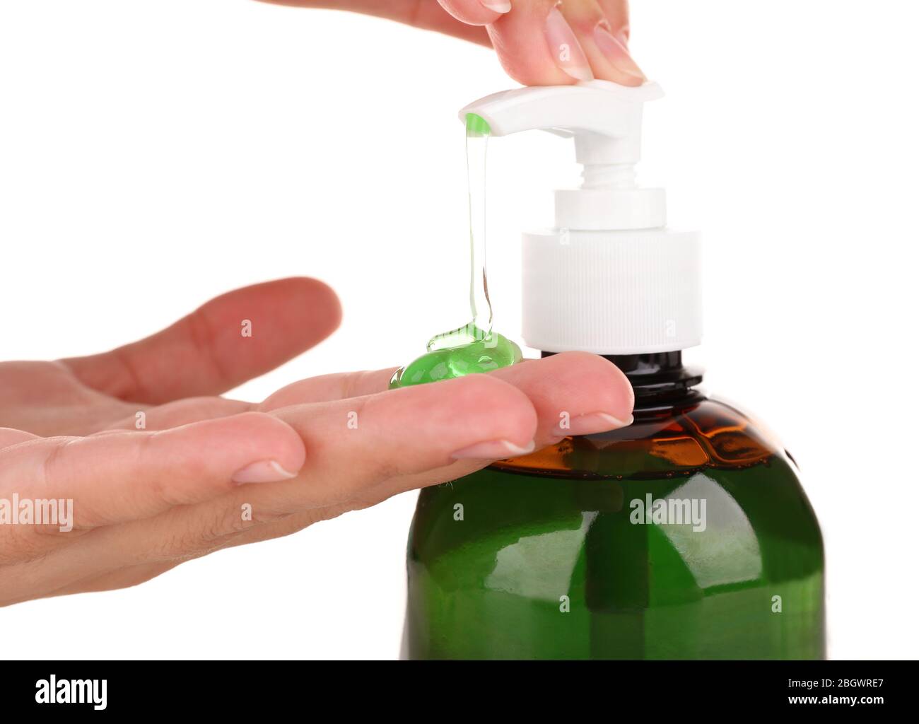 Female hands using liquid soap isolated on white Stock Photo - Alamy