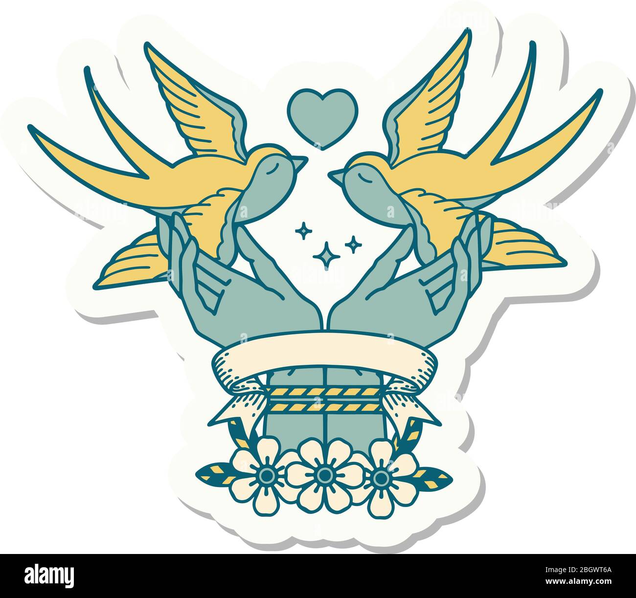 tattoo style sticker with banner of tied hands and swallows Stock ...
