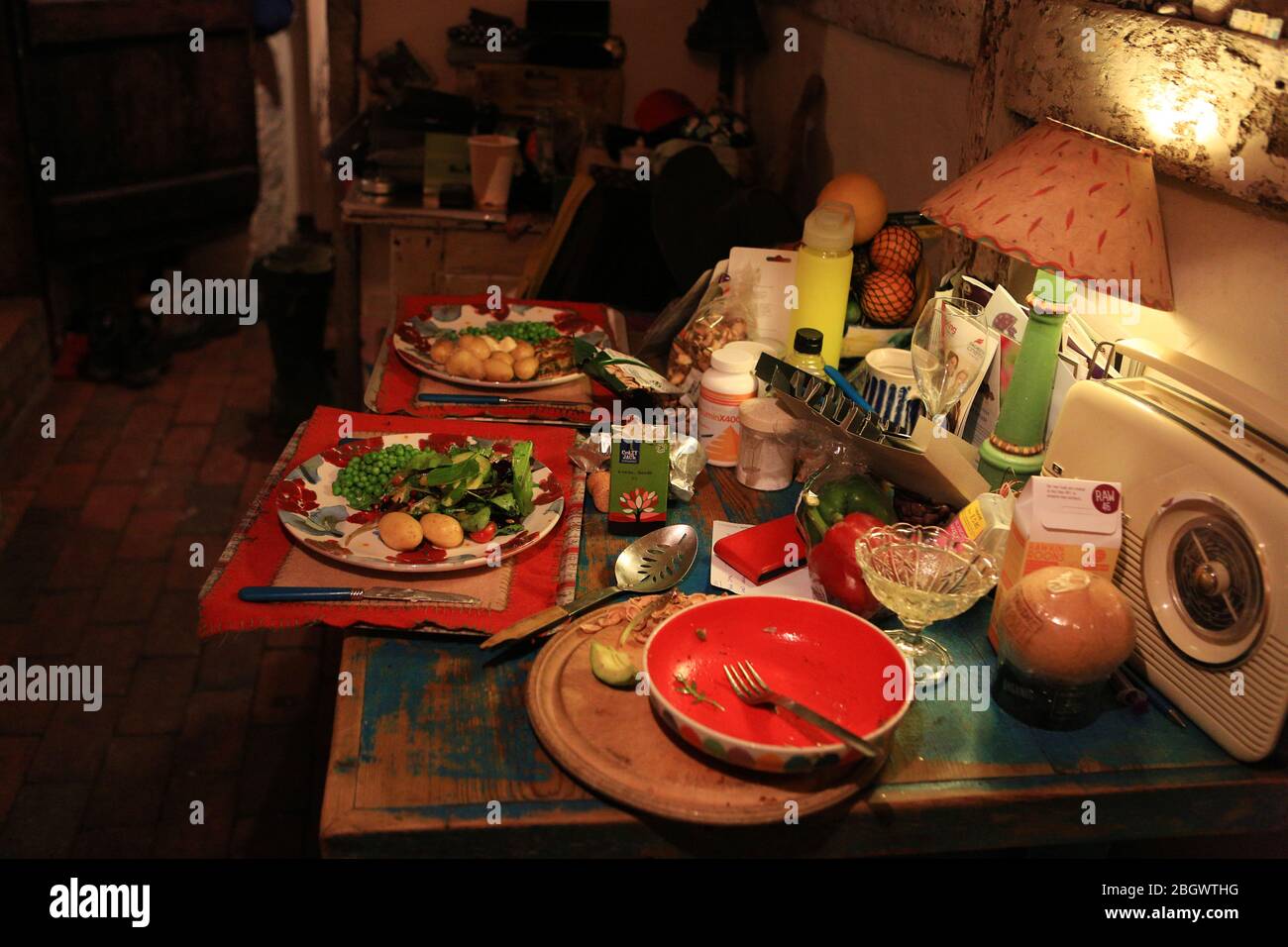 Supper laid out in old original cottage kitchen in Sussex village UK ...
