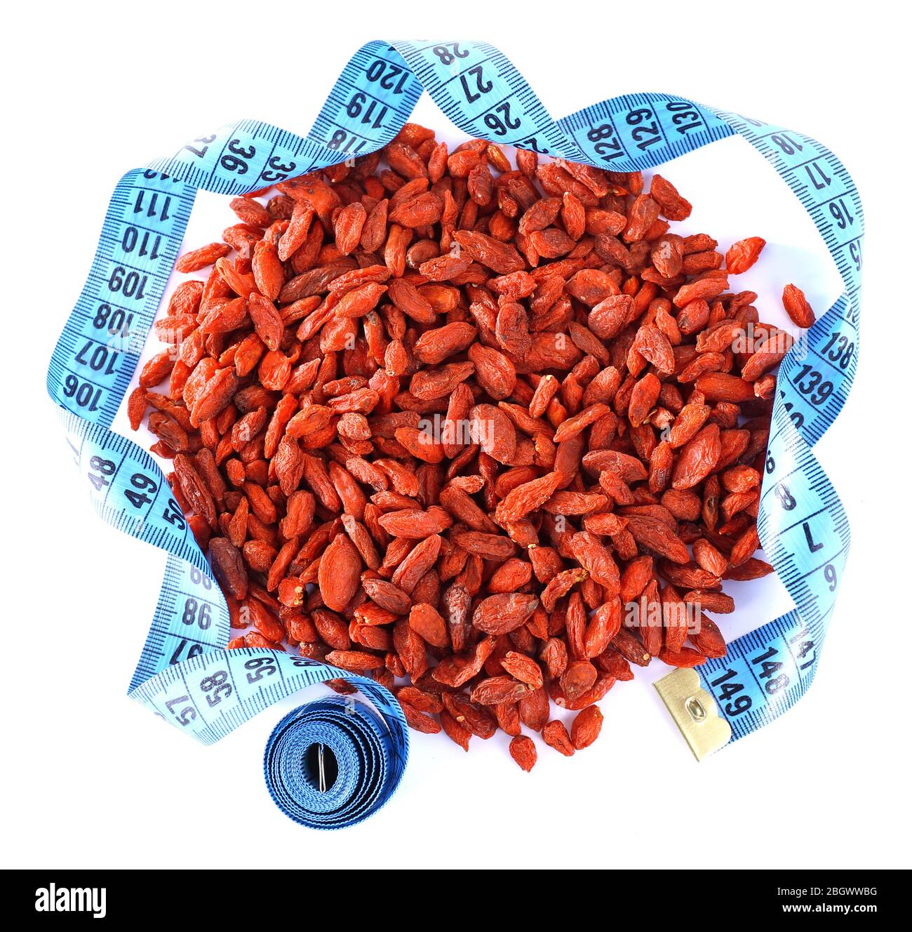 Goji berries and blue measuring tape line isolated on white Stock Photo ...