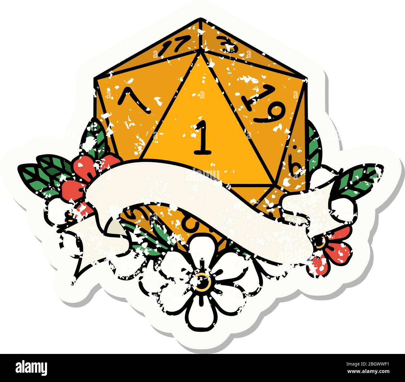 grunge sticker of a natural one d20 dice roll Stock Vector Image & Art ...