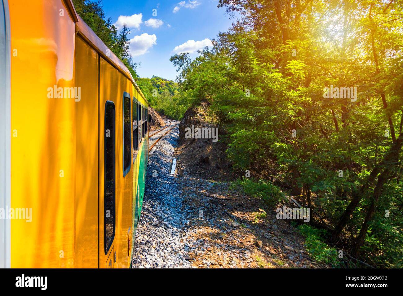 Train ride, view from a window. Old train passing green vegetation ...