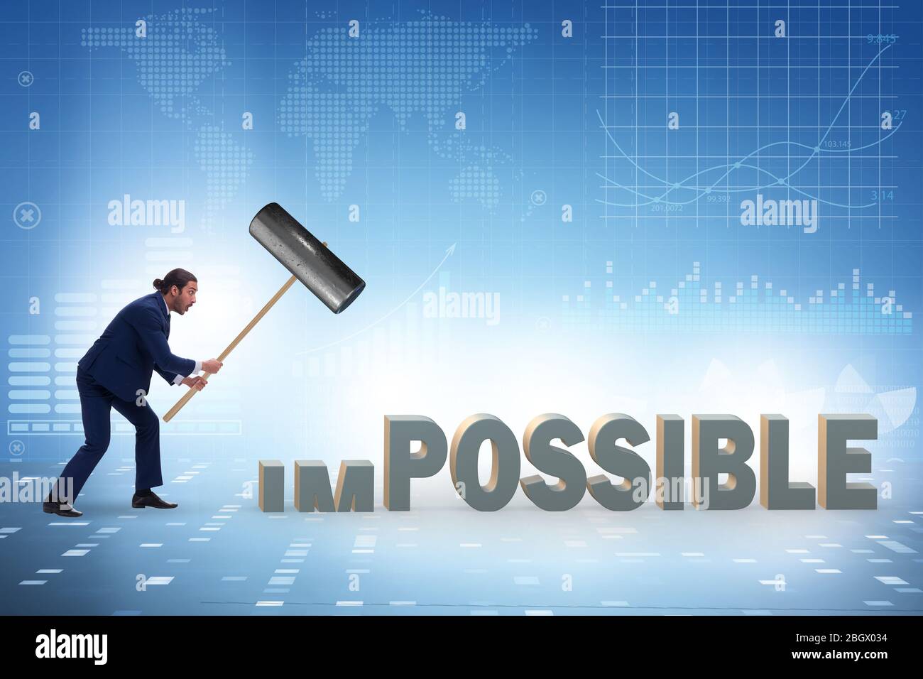 The businessman hitting the word impossible with hammer Stock Photo - Alamy