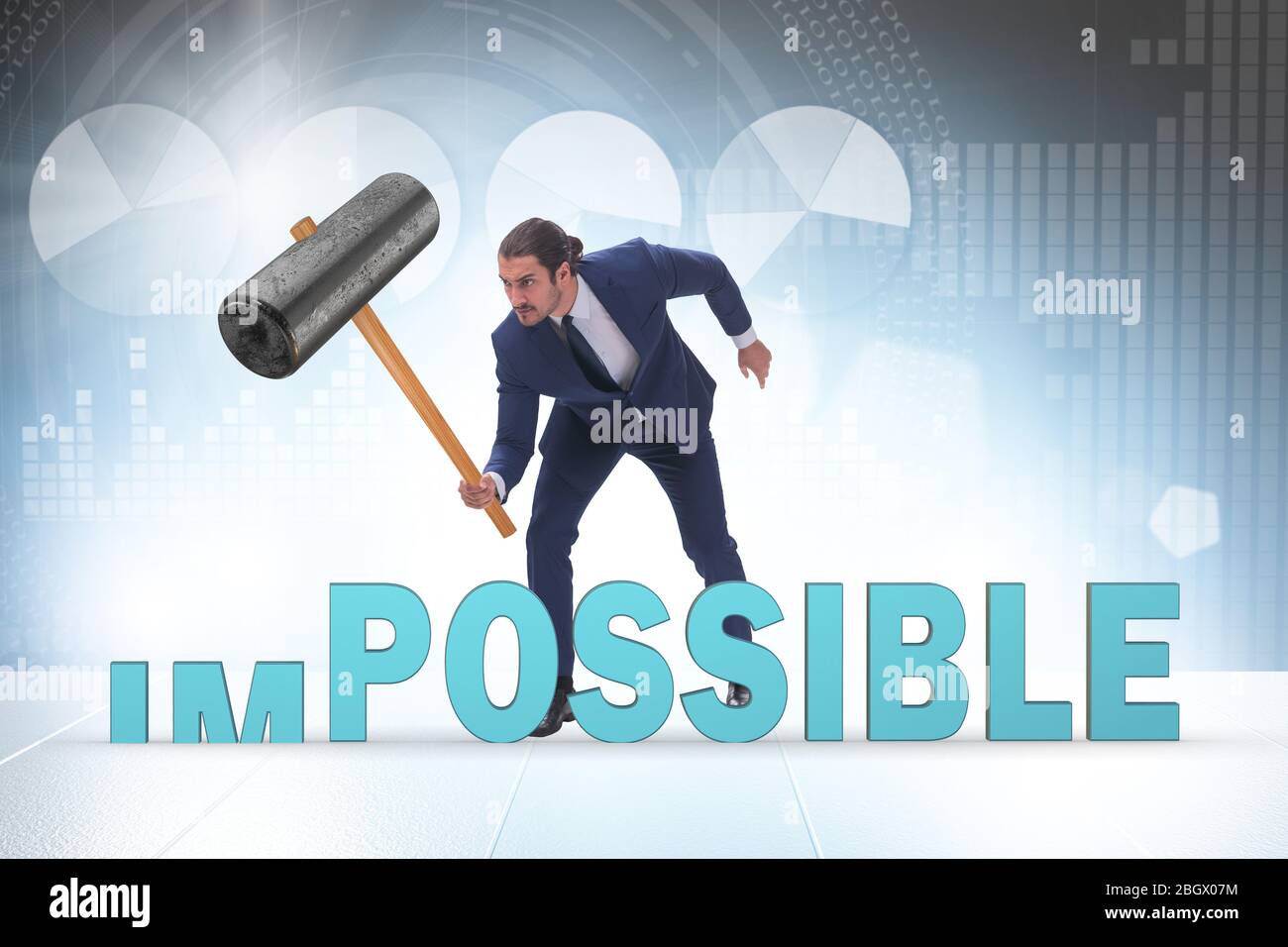 The businessman hitting the word impossible with hammer Stock Photo - Alamy