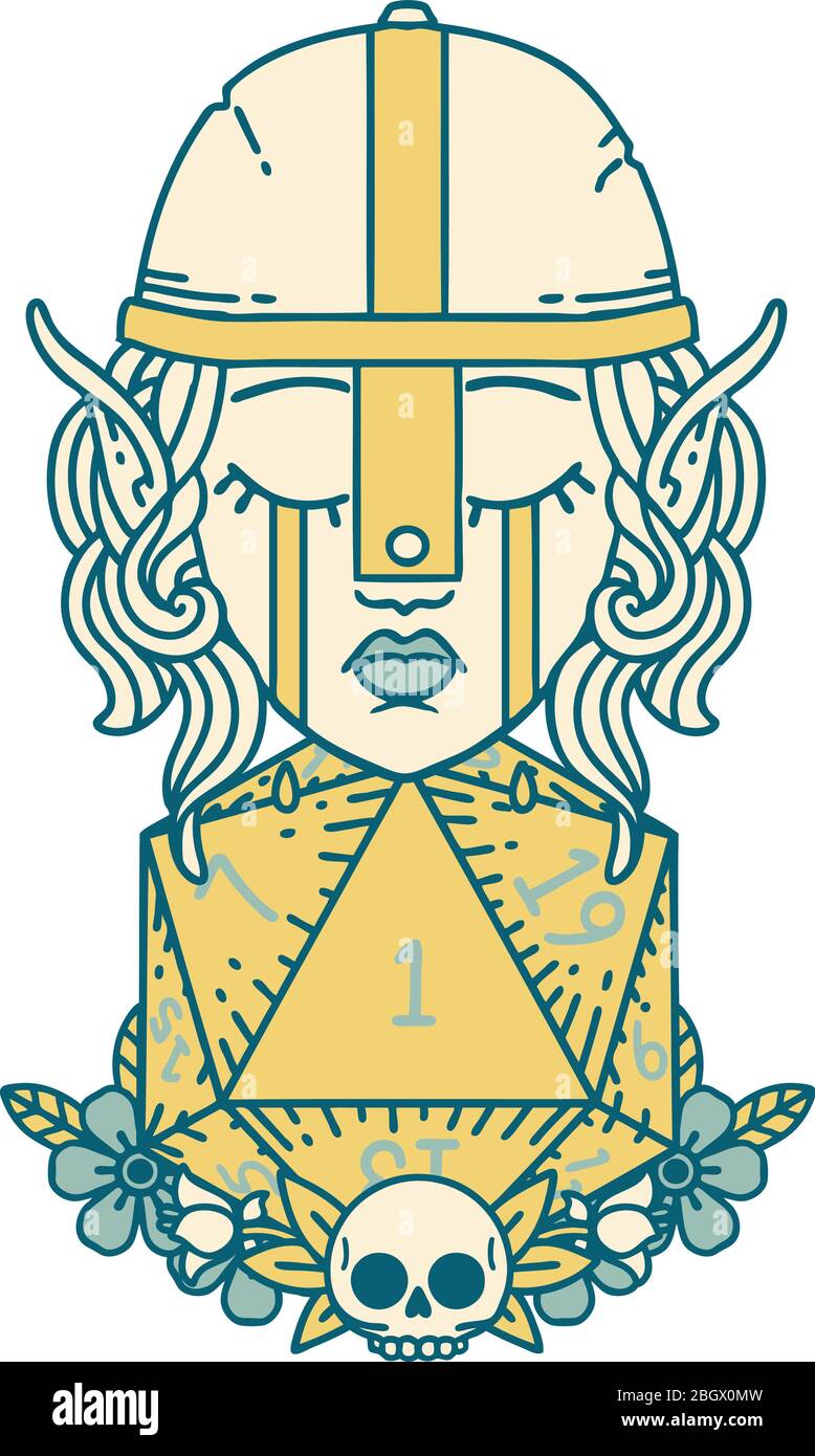 Retro Tattoo Style sad elf fighter character with natural one d20 roll ...