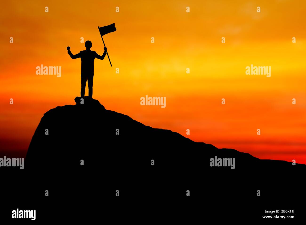 success and silhouette of businessman holding winner flag on mountain ...