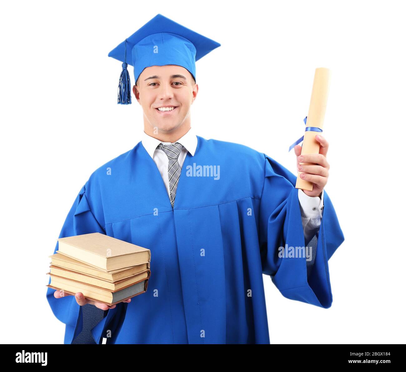 Man graduate student wearing graduation hat and gown, isolated on white ...
