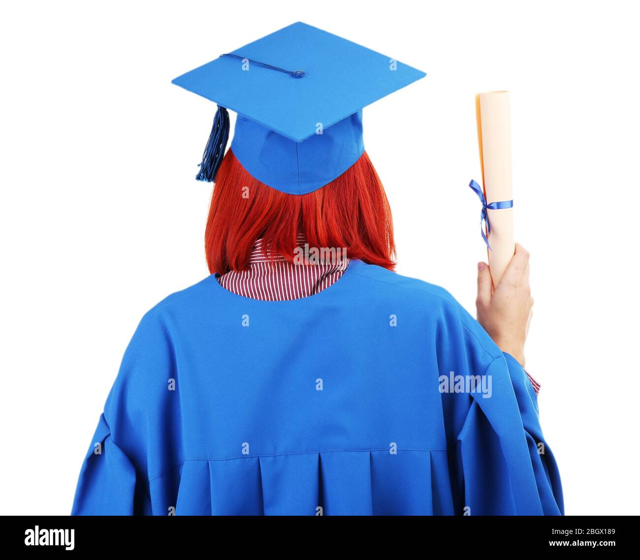 Woman graduate student wearing graduation hat and gown, isolated on ...