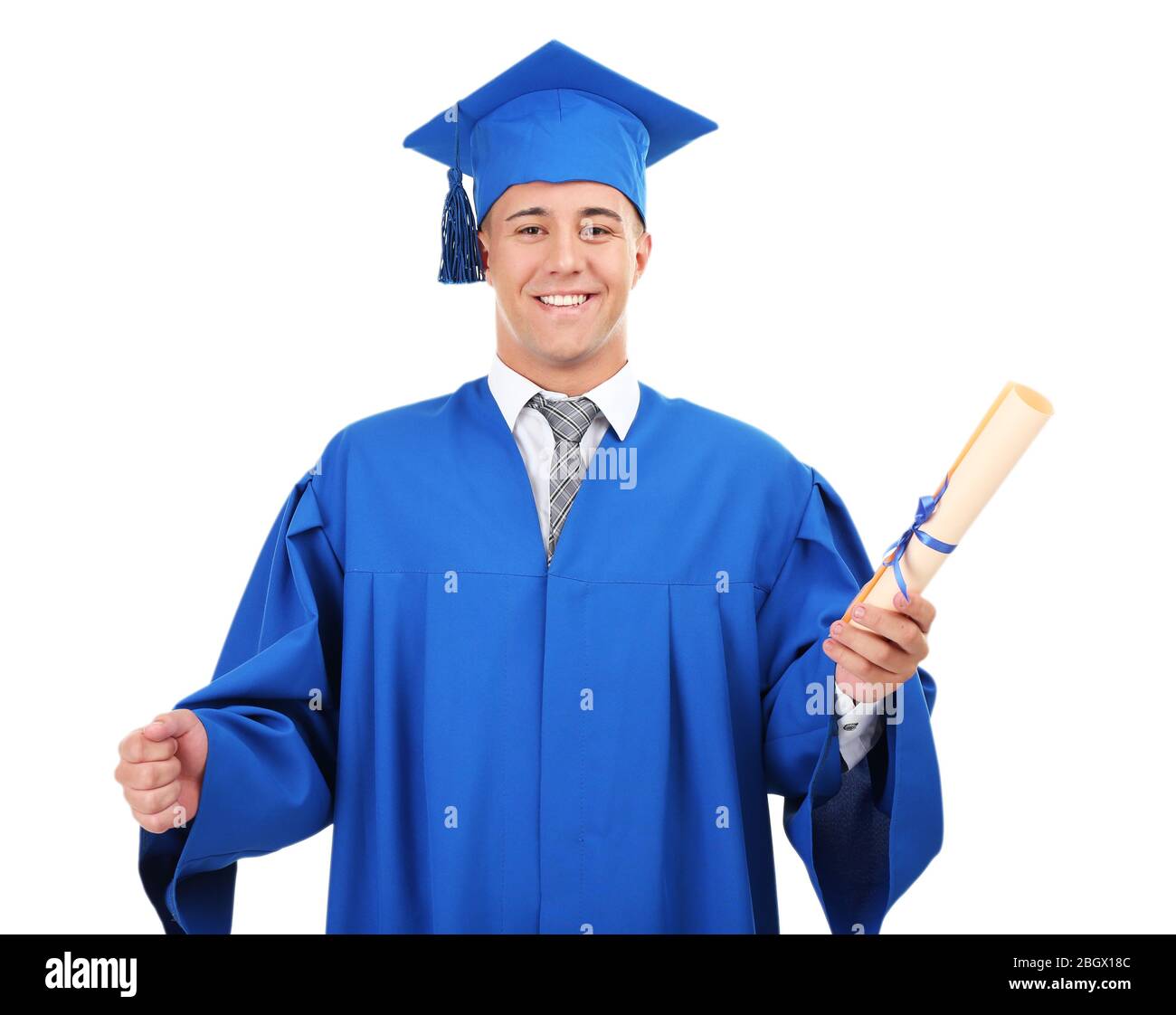 Man graduate student wearing graduation hat and gown, isolated on white ...