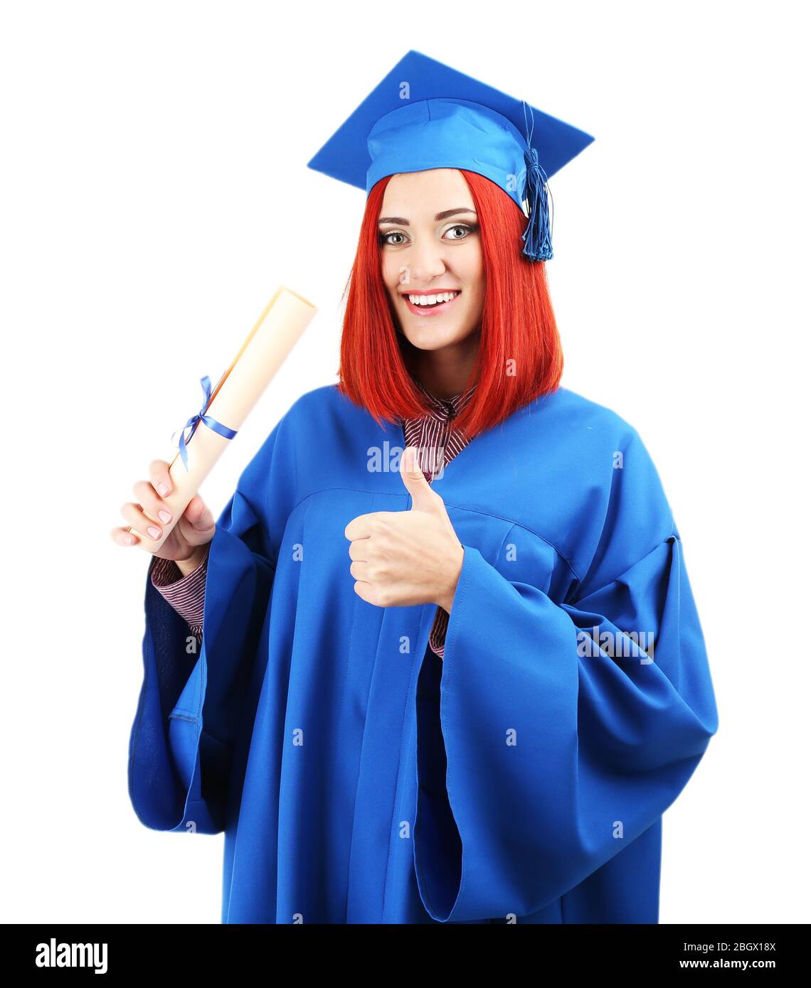 Woman graduate student wearing graduation hat and gown, isolated on ...
