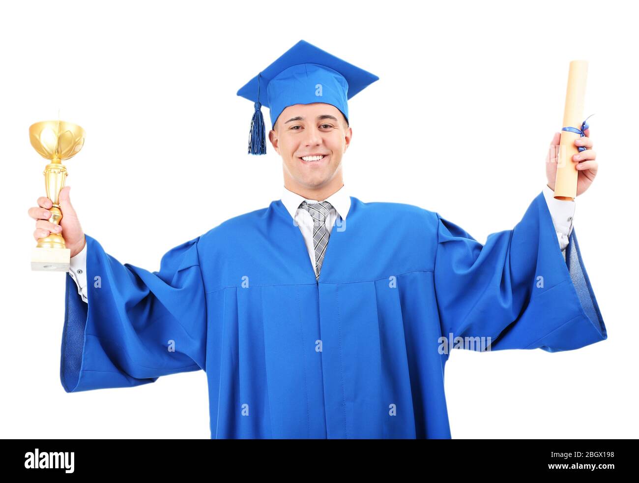 Man graduate student wearing graduation hat and gown, isolated on white ...