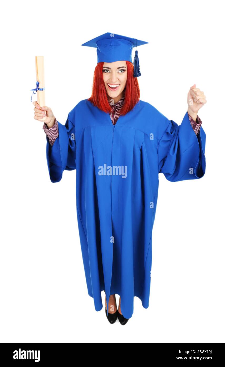 Woman graduate student wearing graduation hat and gown, isolated on ...