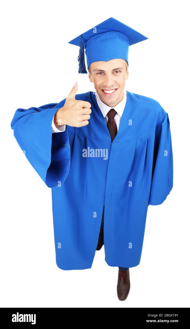 Man graduate student wearing graduation hat and gown, isolated on white ...