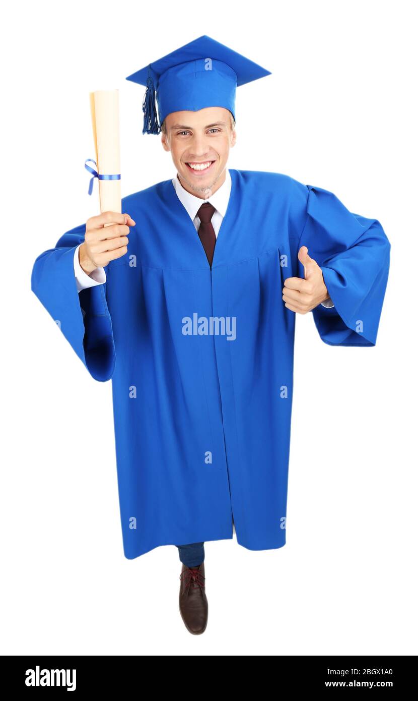 Man graduate student wearing graduation hat and gown, isolated on white ...