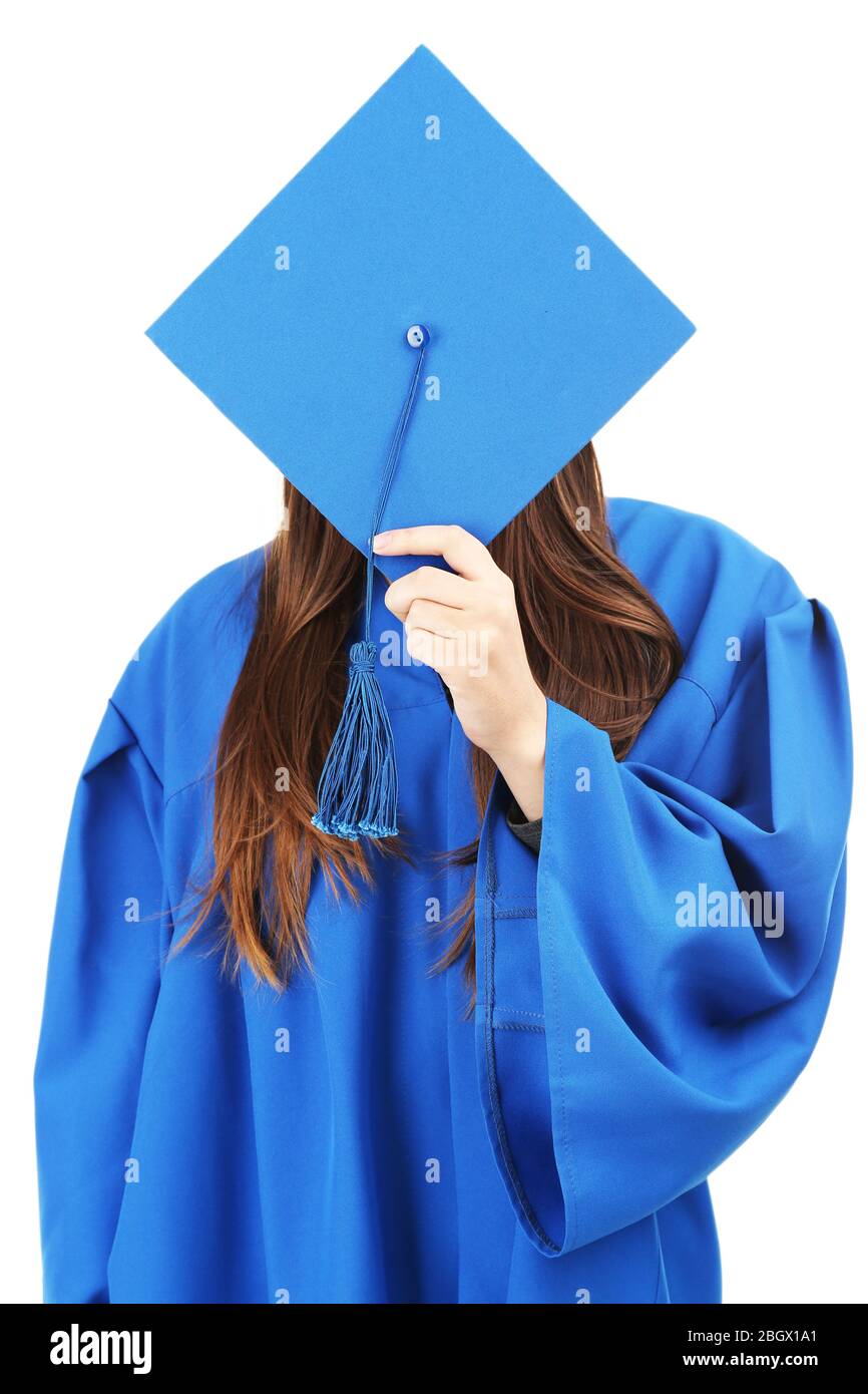 Graduate students wearing graduation hat and gown, isolated on white ...