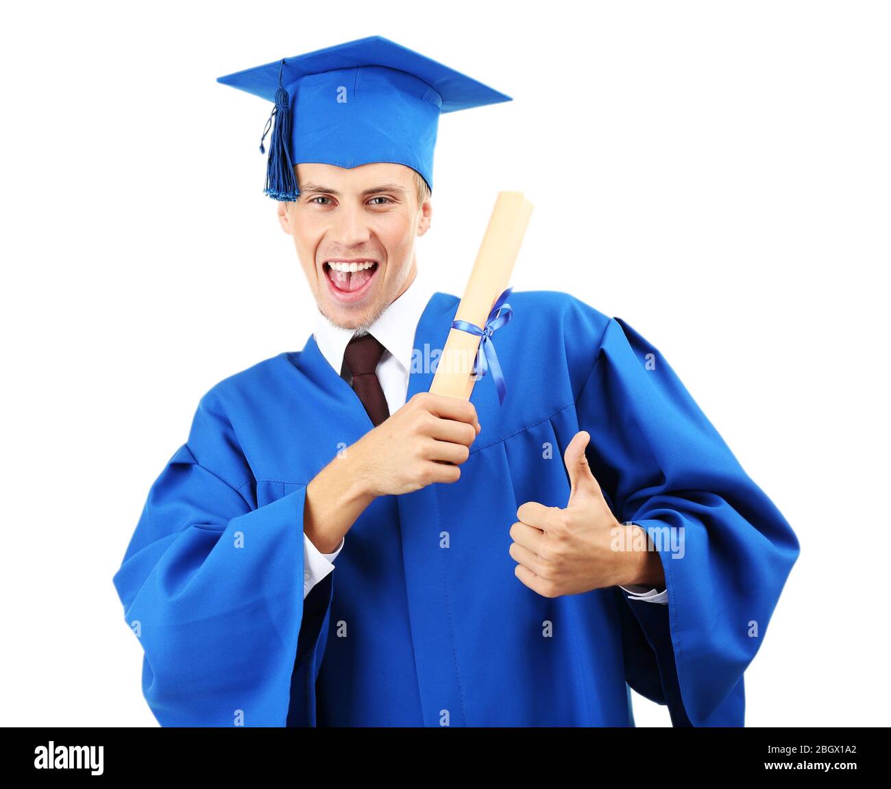 Man graduate student wearing graduation hat and gown, isolated on white ...