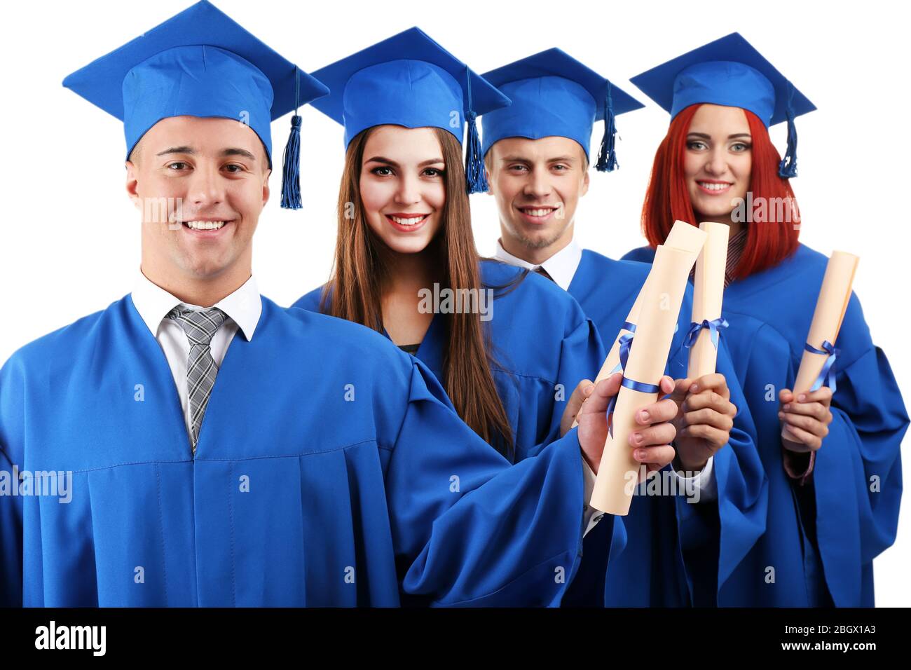 Graduate students wearing graduation hat and gown, isolated on white ...