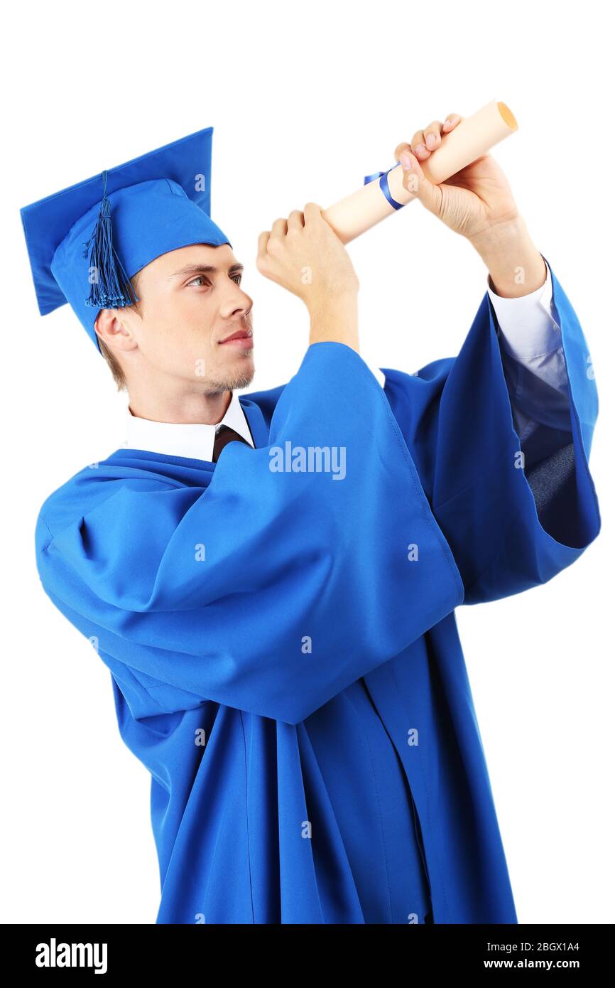 Man graduate student wearing graduation hat and gown, isolated on white ...