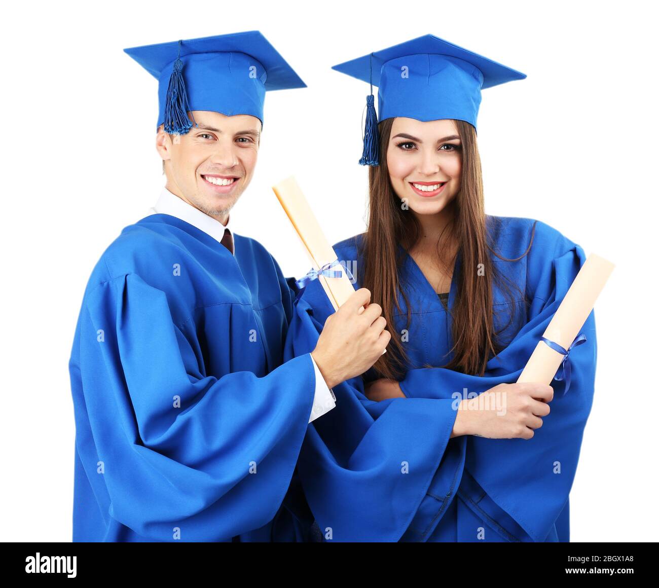 Graduate students wearing graduation hat and gown, isolated on white ...
