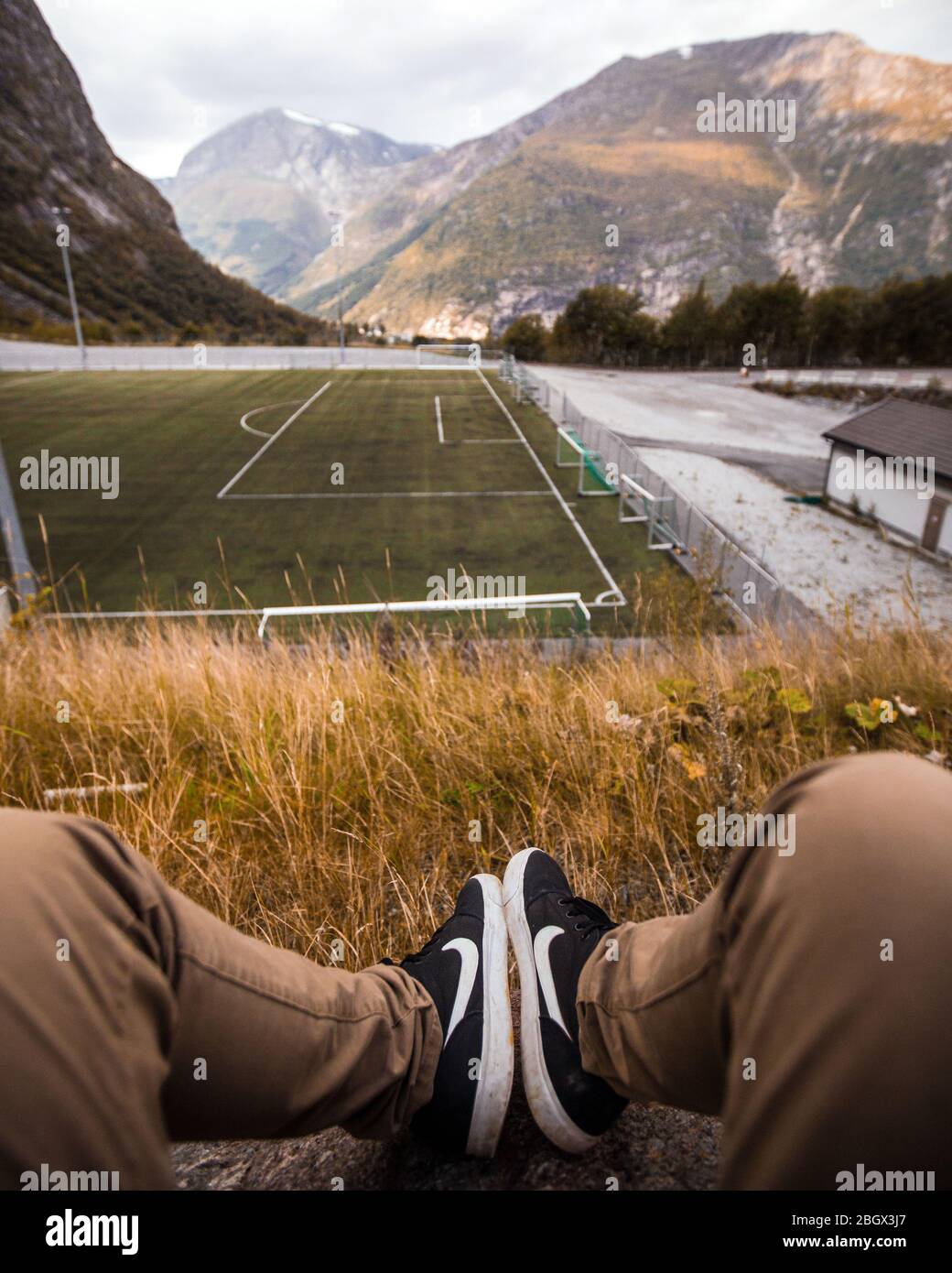 First Person perspective of someone overlooking a football field ...