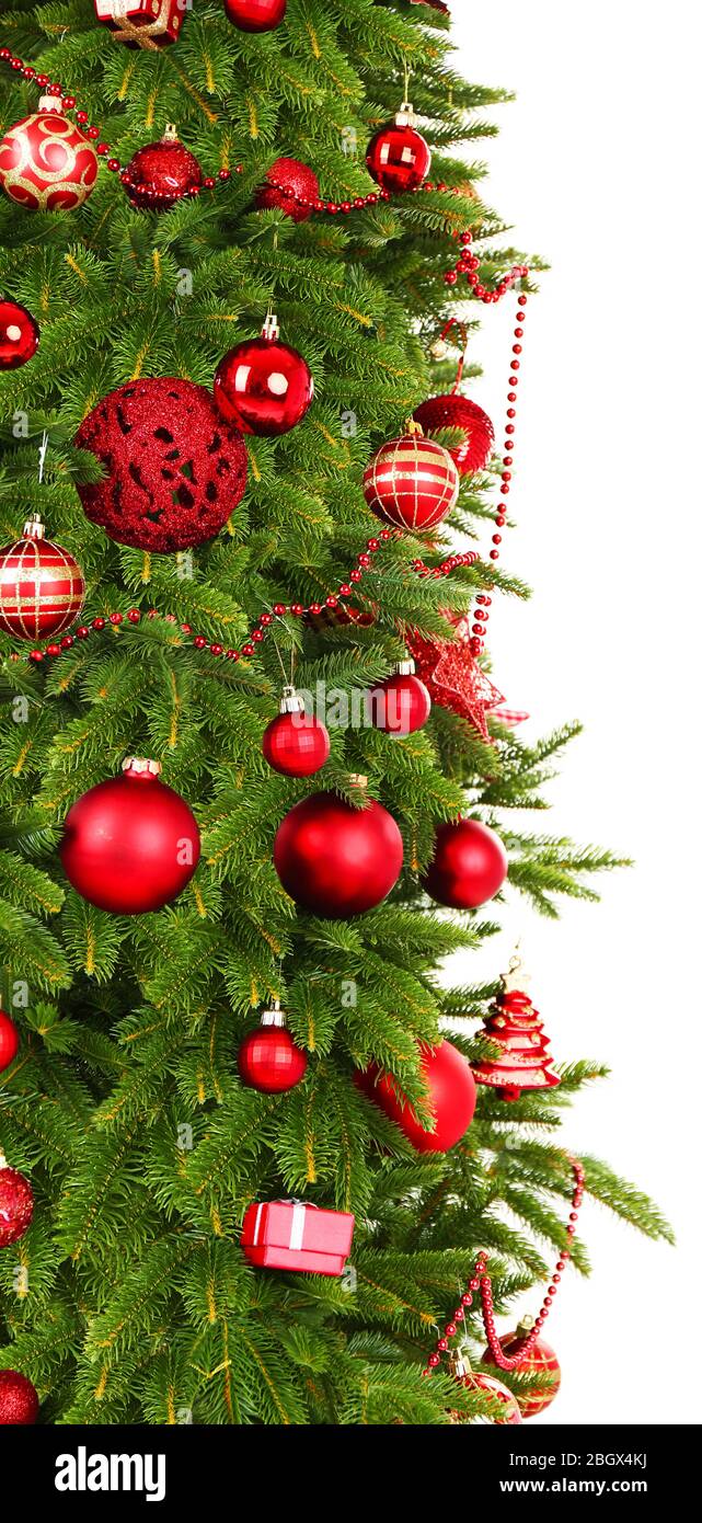 Decorated Christmas tree close-up isolated on white Stock Photo - Alamy