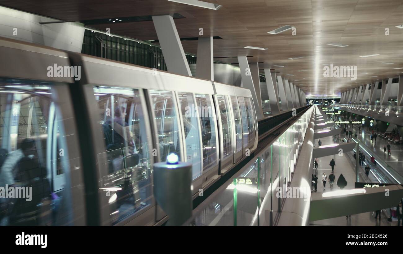 Express Automatic Train at Futuristic Airport. Transparent Shuttle ...
