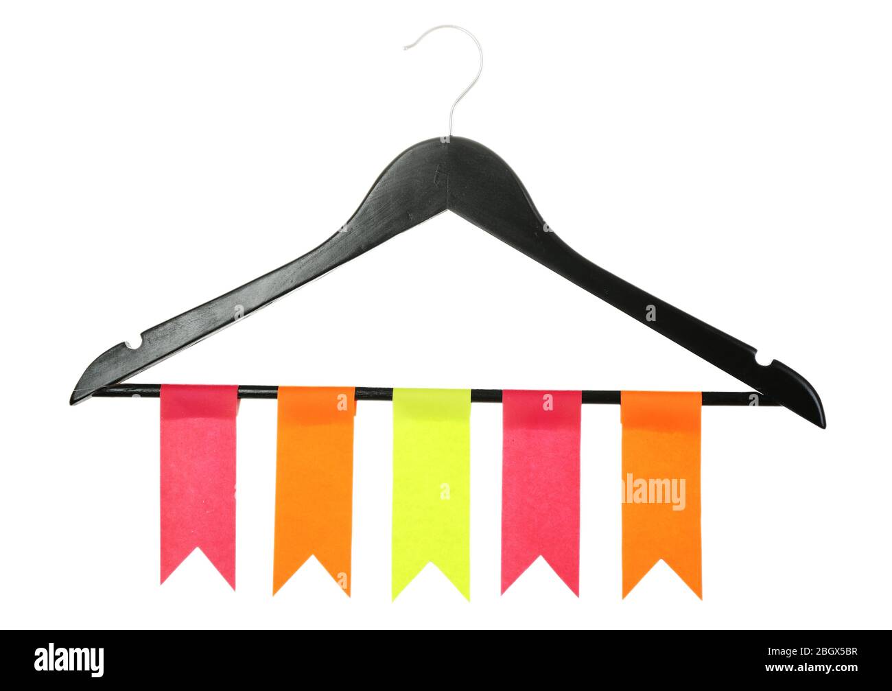 Row of colorful flags hanging on wooden hanger isolated on white Stock ...