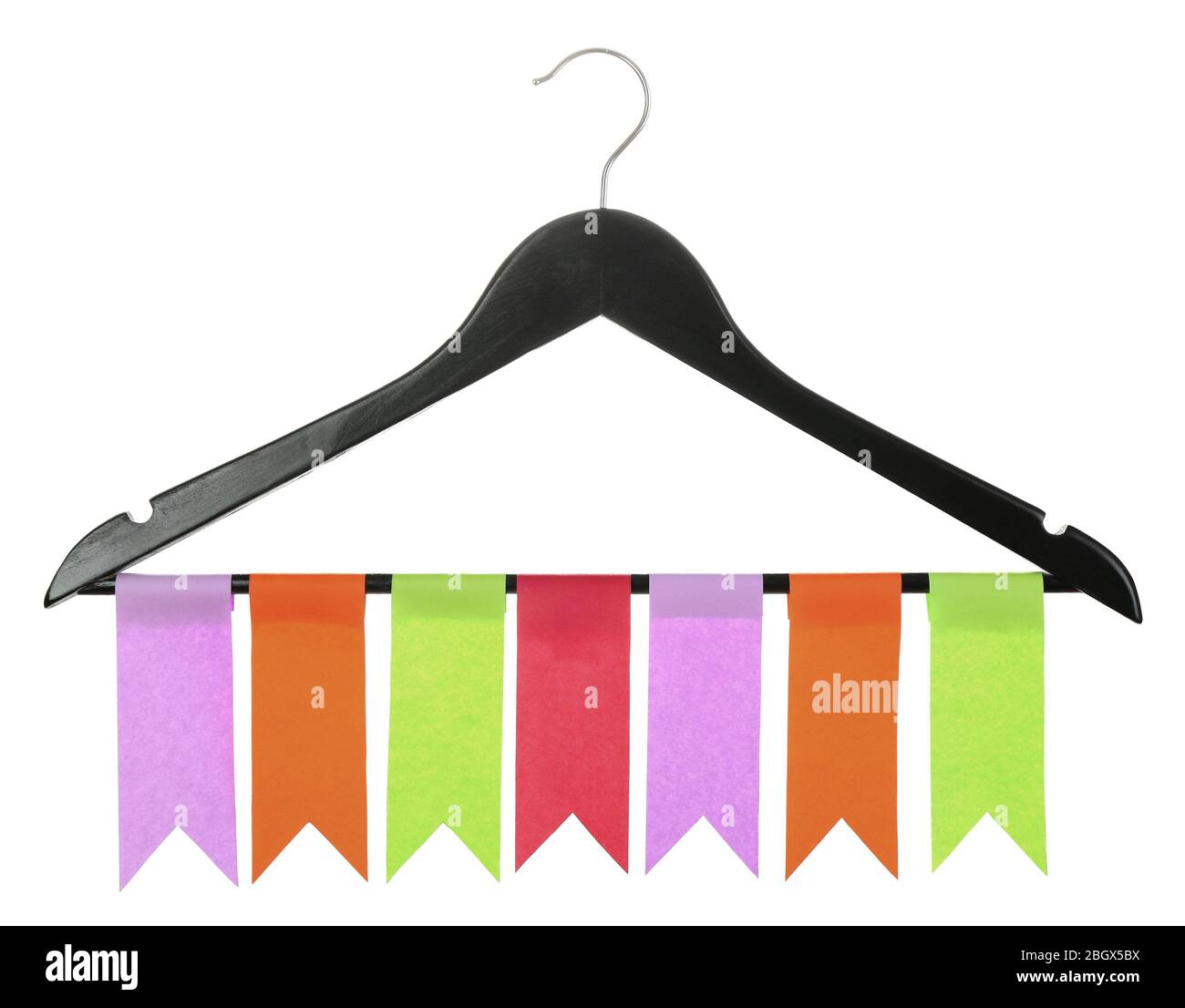 Row of colorful flags hanging on wooden hanger isolated on white Stock ...