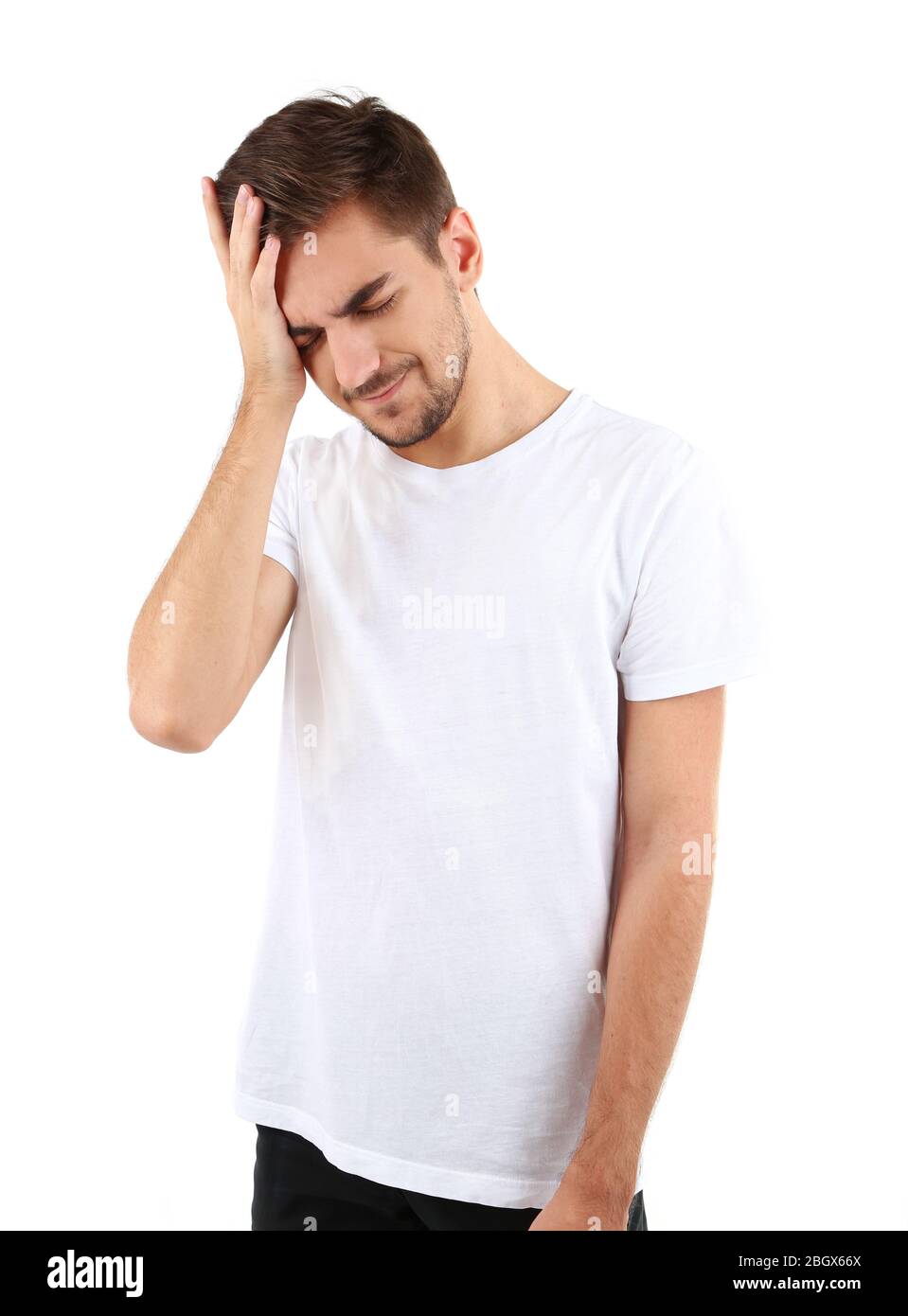Young men have headache isolated on white Stock Photo - Alamy